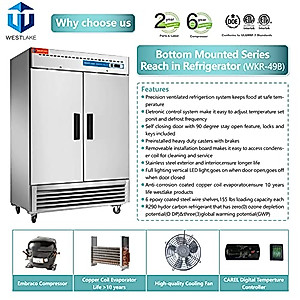 WESTLAKE 54" W Commercial Refrigerator 2 door 2 Section Stainless Steel Reach in Solid door Upright Fan Cooling 49 Cu.ft Cooler for Restuarant, Bar, Shop, etc