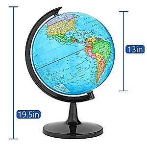 World Globe with Stand, 13" Desk Classroom Decorative Globe for Students & Geography Teachers, 360° Horizontal Rotation, Full Length 19.7 inch World Globe Map with Clear Text Markings, Blue