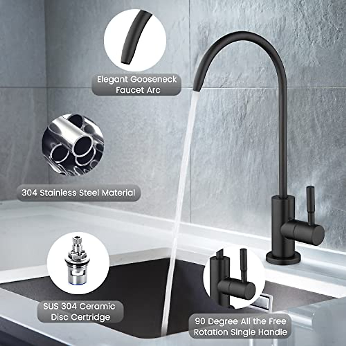 Kitchen Water Filter Faucet(2022NEW)100% Lead-Free Drinking Water Faucet Fits Most Reverse Osmosis Units or Water Filtration System in Non-Air Gap, Stainless Steel 304 Body(Matte Black)