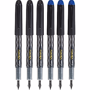 Pilot Varsity Disposable Fountain 6 Pack Combo, 3 Black and 3 Blue Pens