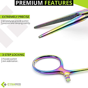 Cynamed Set of 2 Artzone Multi Color Hemostat Forceps with Serrated Jaws, Stainless Steel Rainbow Pliers - 5 inch
