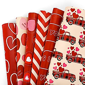 Whaline 12 Sheet Valentine's Day Wrapping Paper Red Heart Truck Gift Wrapping Paper 19.7 x 27.6 Inch I Love You Prints Sweet Present Packing Paper for Wedding Anniversary Baby Shower Birthday