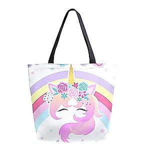Naanle Canvas Tote Bag Large Women Casual Shoulder Bag Handbag Rainbow Unicorn Floral Canvas Tote Bag Reusable Grocery Shopping Cloth Bags Beach Bag for Women