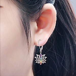 Chakra Earrings Lotus Flower 7 chakra Stones Leverback Earrings for Women Dangle Yoga Lotus Jewelry Balance Meditation