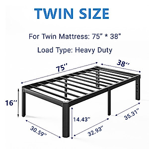 Nordicbed 16 Inch High Platform Twin Bed Frame No Box Spring Needed, Metal Bed Frame Twin, Noise Free, Easy Assembly, Heavy Duty, Black