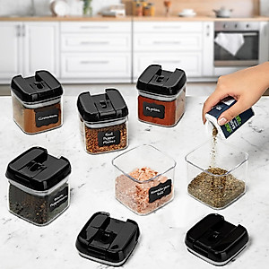 Shazo Airtight 6 Pc Mini Container Set + 6 Spoons, Labels & Marker - Durable Clear Plastic Food Storage Containers with Lids - Kitchen Cabinet Pantry Containers for Spices, Herbs, Coffee, Tea etc