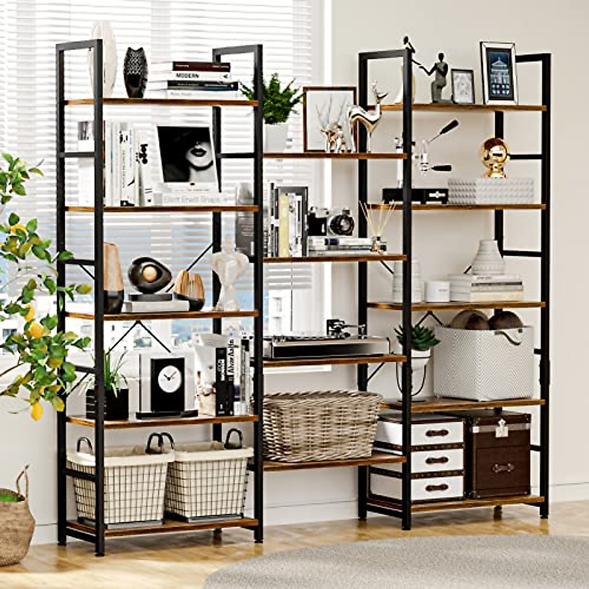 NUMENN Triple Wide 5 Tier Bookshelf, Rustic Industrial Style Bookcases and Bookshelves with 14 Open Display Shelves, Modern Tall Bookcase Furniture for Bedroom, Living Room and Home Office, Vintage