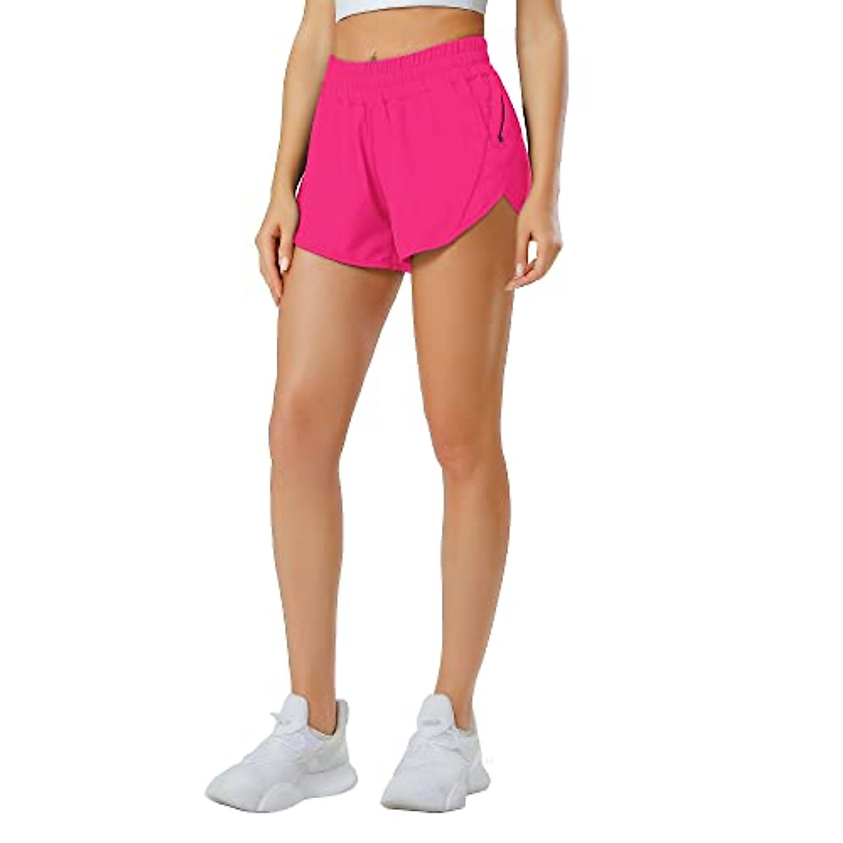 Aurefin Athletic Shorts , Women's Quick Dry Running Track Workout Active Shorts with Elastic and Zip Pocket 2.5 inch HOT Pink/S