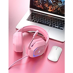 ZIUMIER Z30 Pink Gaming Headset for PS4, PS5, Xbox One, PC, Wired Over-Ear Headphone with Noise Canceling Microphone, LED Flowing RGB Light, 7.1 Surround Sound,Comfortable Earmuffs