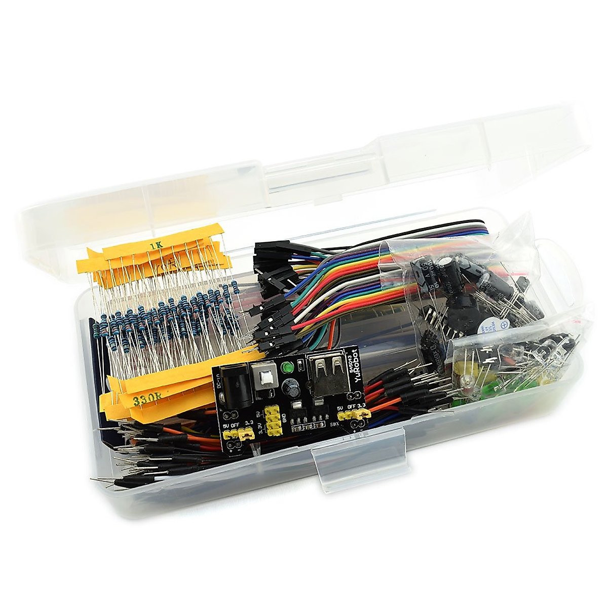 HJ Garden Electronic Component Assorted Kit for Arduino, Raspberry Pi, STM32 etc. 830 Breadboard + Jumper + Power Module + Resistor + Capacitor + LED + Switch (Pack of 458pcs)