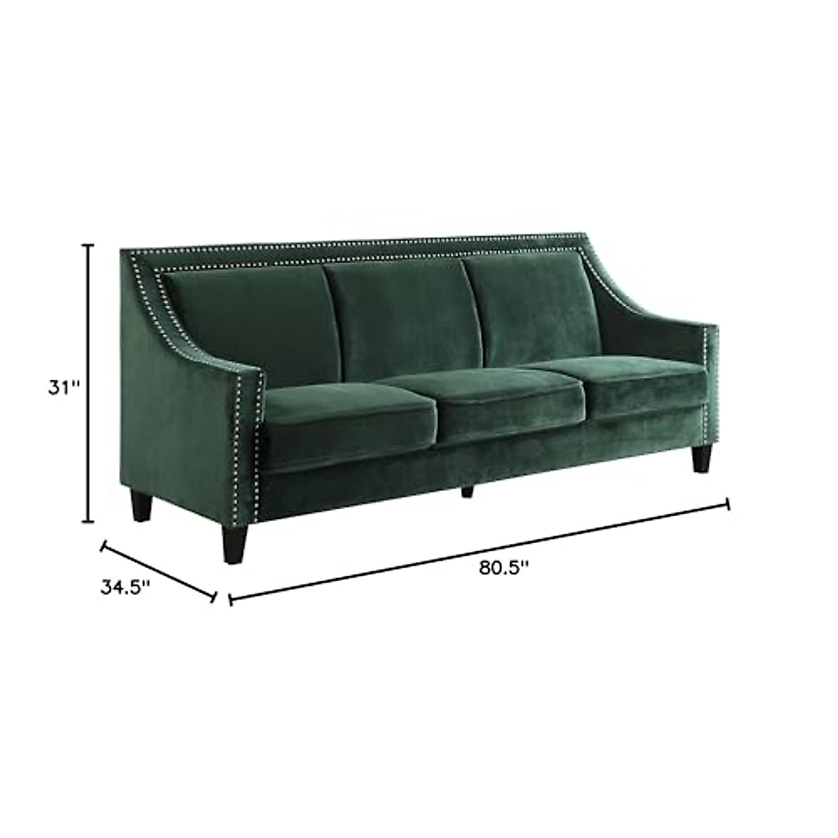 Iconic Home Camren Sofa Velvet Upholstered Swoop Arm Silver Nailhead Trim Espresso Finished Wood Legs Couch Modern Contemporary, Green