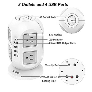TESSAN Power Strip Tower Long Extension Cord 15 ft, Surge Protector 8 AC Outlets 4 USB Ports, Charging Station Extension Cord with Multiple Outlets for Home, Office, Dorm Room Essentials