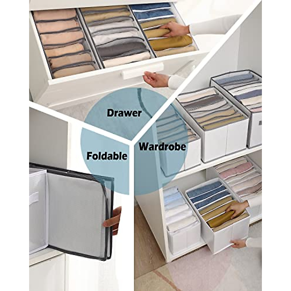 2 Packs Wardrobe Clothes Organizer with Upgraded PP Support Board | Foldable 7-Grid Closet Drawer Divider Organizers | Washable Clothes Storage Organizer for Jeans, Pants, T-shirts, Leggings (Gray)