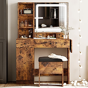 LIKIMIO Vanity Desk with Drawers & LED Lighted Mirror & Power Outlet & Cabinet, Storage Stool, Stylish Bedroom Makeup Table Set, Vintage Brown