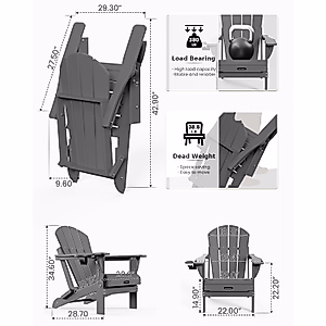 MUCHENGHY Outdoor Folding Adirondack Chair Weather Resistant Patio Chair with Cup Holder for Outside, Deck, Lawn, Backyard, Garden, Fire Pit, Campfire Lounger(Gray)