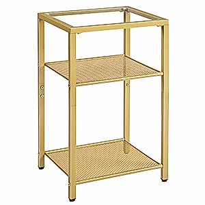 HOOBRO Side Table, 3-Tier Slim Nightstand with Storage Shelves, Modern End Table, Tempered Glass Bedside Table, for Living Room, Bedroom, Gold GD77BZ01