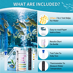 Umlecoa 7 in 1 Aquarium Test Kit for Freshwater and Saltwater - 125 Aquarium Test Strips with Test Tube & Thermometer - Fast & Accurate Water Testing Strips for Aquarium/Pond/Pool