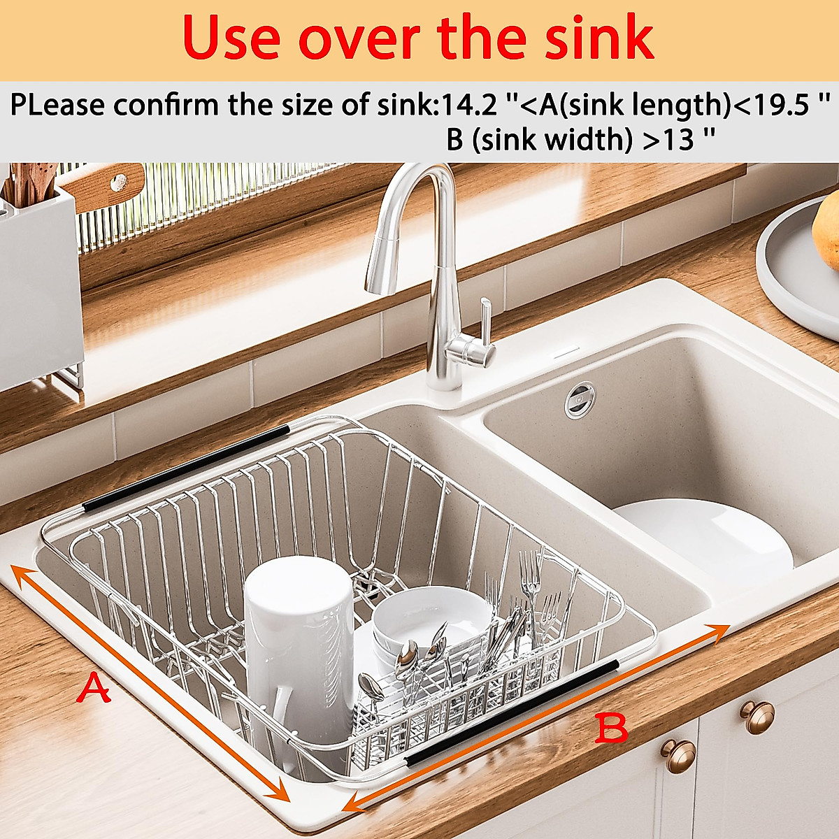 NiuYichee Expandable Dish Drying Rack, Drainage Rack Over Sink, Stainless Steel Dish Drainer Rack Organizer in Sink, Dish Drainer Basket Shelf on Counter, with Stainless Steel Utensil Holder