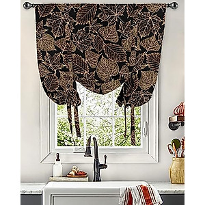 Thanksgiving Fall Tie Up Curtains for Kitchen Bathroom Bedroom Windows 63 Inch Length, Balloon Drape Curtains Shade Rod Pocket Drapery Curtain Gold Autumn Maple Leaves Black Backdrop 1 Panel, 52"x63"