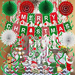 FECEDY Merry Christmas Banner Paper Fan Flower Circle Confetti Dots Hanging Garlandand Swirl Streamers Christmas Tree Christmas Snowman God Tang for Christmas Party Decoration