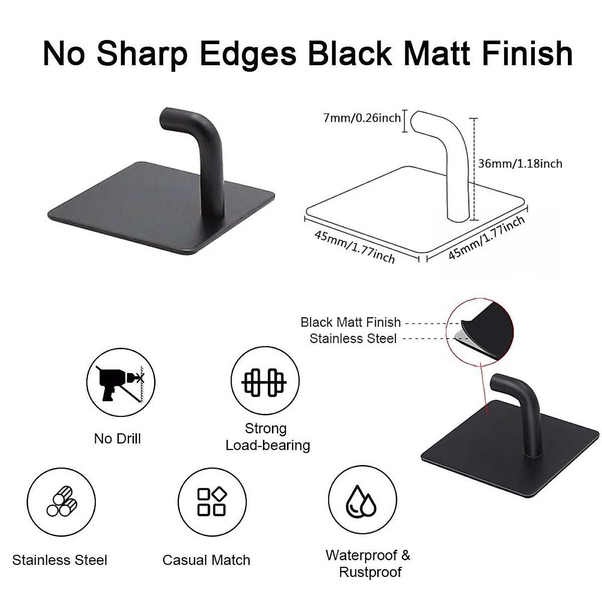 EDMILE Adhesive Hooks for Hanging, EDMILE Wall Hooks Self Adhesive Key Hat Coat Hooks, Stick on Bathroom Towel Hooks, Utility No Drill Hooks for Shower Kitchen Door Outdoor Home 8 Pack, Black