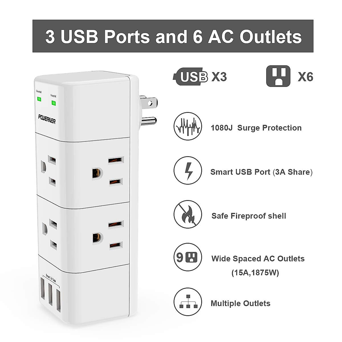 POWERIVER Surge Protector Wall Mount with 6 Outlets & USB Ports