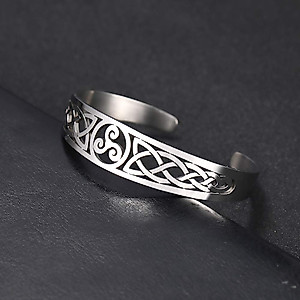 TEAMER Celtic Knot Bracelet Stainless Steel Silver Cuff Bangle Hollow Out Vintage Symbol Norse Amulet Jewelry for Women Men (Triskele)