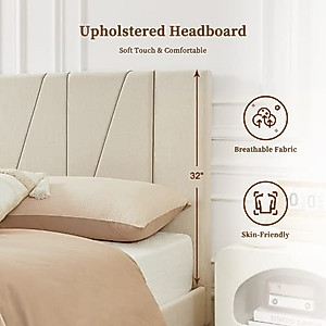 Flolinda King Size Bed Frame Upholstered Platform with Complete Headboard and Strong Wooden Slats, No Box Spring Needed, Easy Assembly,Beige