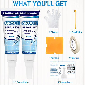 Mallbaola Grout Repair Kit, 2 Pack White Grout Filler Tubes, Grout Sealer Bathroom Shower Kitchen Floor Tile, Fast Drying Tile Grout Paint, Restore and Renew Tile Joints Line, Gaps, Replace Grout Pen