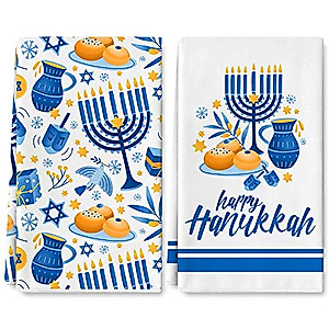 AnyDesign Happy Hanukkah Kitchen Towel 18 x 28 Inch Blue Watercolor Candlestick Dish Towel Jewish Festival Tea Towel Hand Drying Towel for Home Kitchen Cooking Baking, 2 Packs