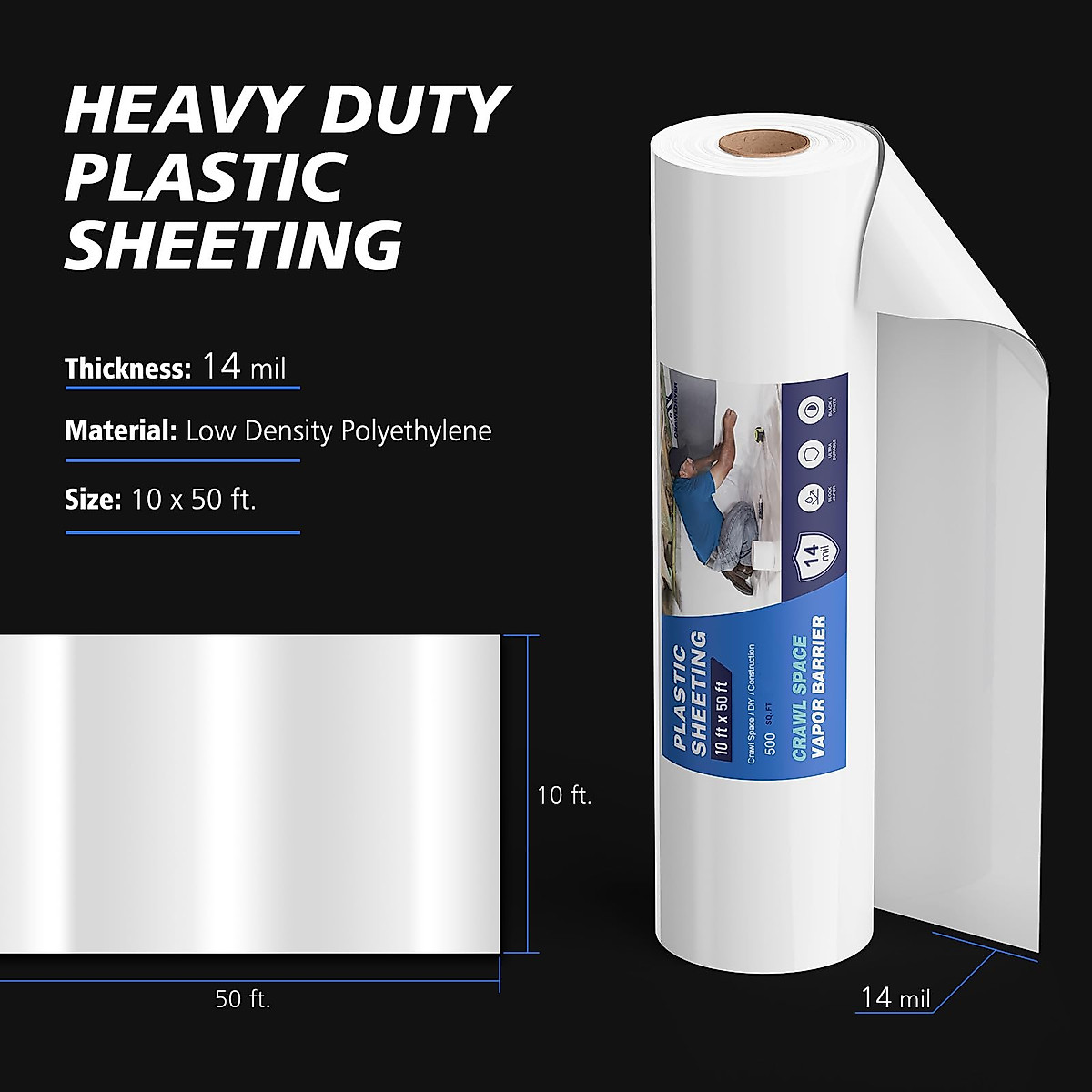 Crawl Space Vapor Barrier - 14 mil 10' x 50', Vapor Barrier for Crawlspace Encapsulation kit, Vapor Barrier Plastic Material, Crawlspace Liner, Heavy Duty Plastic sheeting, Black and White Panda Film