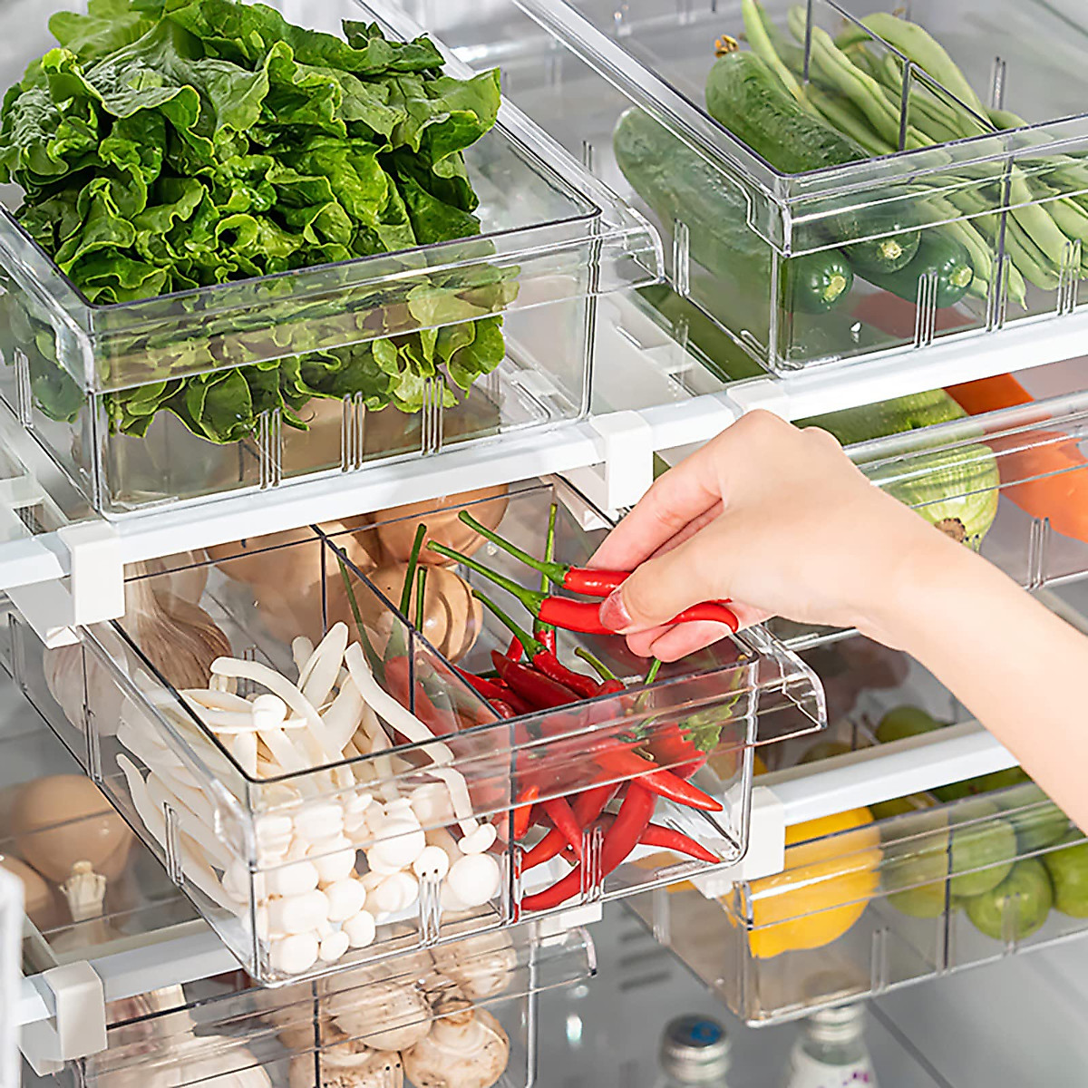 Cezoyx 2 Pack Fridge Drawer Organizer - Pull Out Refrigerator Organizer Bins with 2 Dividers, Fridge Shelf Holder Storage Box for Fruit, Vegetable, Food and Drinks, Fit for Fridge Shelf Under 0.6"