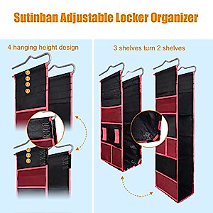 Libeder 3 Shelf Hanging Locker Organizer for School, Work, Gym, Closet, Adjustable Hanging Locker Accessories Shelves for Girls Boys, Hangs from Shelf, Hooks or Rod to Create Storage Space(Black-Red)