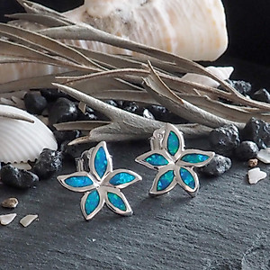 Sterling Silver Synthetic Blue Opal Plumeria Starfish Stud Earrings