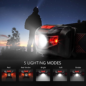 Vekkia Ultra Bright LED Headlamp-5 Lighting Modes,White & Red LEDs Head Lamp, Camping Accessories Gear. IPX6 Waterproof Headlight for Running,Cycling,Fishing,Hiking,Repairing. Batteries Included