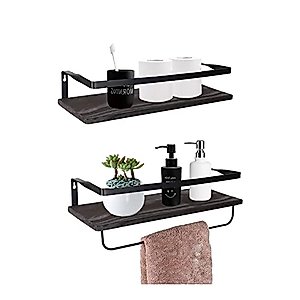 YCOCO Floating Shelves for Wall Set of 2,Rustic Wall Mounted Storage Wood Shelf with Towel Holder Rack for Bathroom, Bedroom,Living Room,Kitchen,Office,Black