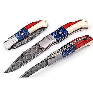 SharpEdge 8.25" Texas Flag Custom Handmade Damascus Steel Blade Pattern Welded Camping and Hunting Pocket Folding Survival Knife with a Genuine Leather Sheath | SW-716 |