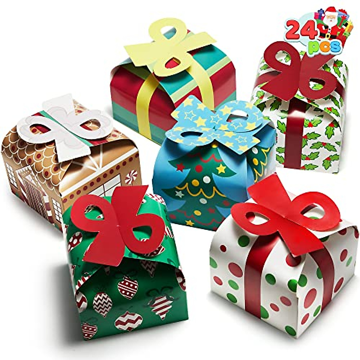 JOYIN 24 PCS 3D Christmas Goody Gift Boxes with Bow for Holiday Xmas Goodie Paper Boxes, School Classroom Party Favor Supplies, Candy Treat Cardboard Cookie Boxes