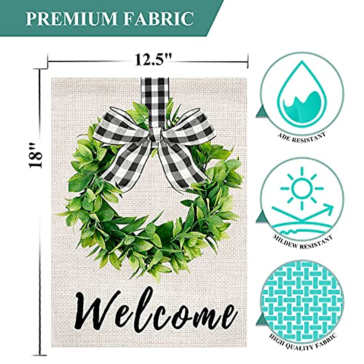 XIFAN Welcome Garden Flag with Holder Stand Set, Heavyweight Burlap Boxwood Wreath Flag Double Sided Small 12.5 x 18 Inch & Black Garden Flag Holder, Spring Yard Farmhouse Outdoor Decoration