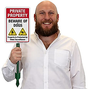 SmartSign Private Property Beware of Dogs Sign with Stake | 21" Tall Sign & Stake Kit - Property Protected by Video Surveillance Sign For Yard/Lawn | 10x7 Inches Aluminum Metal Sign