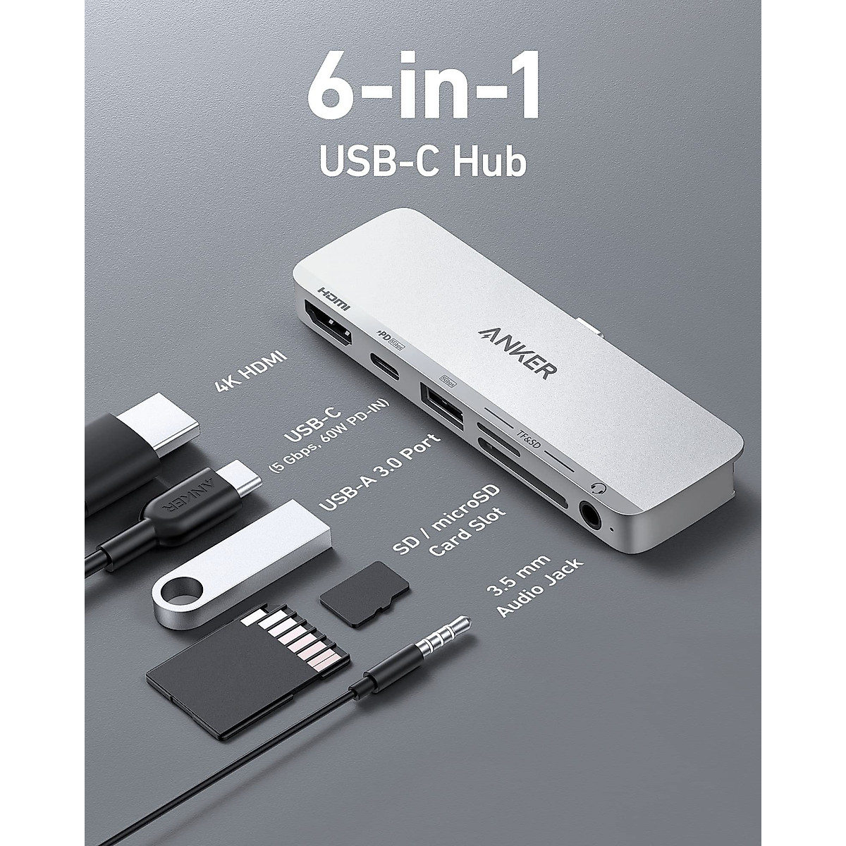 Anker USB-C Hub for USB-C iPad, 541 USB-C Hub (6-in-1) with 4K HDMI Port, Multi-Function USB-C Port, SD and microSD Card Slots, for iPad Pro 5th Gen/iPad Air 5th Gen/iPad Mini 6th and Later (Silver)