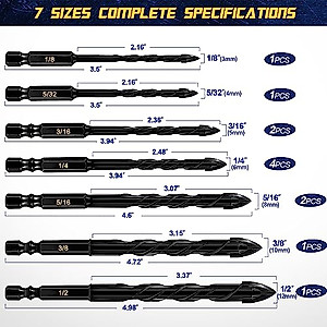 12-PCS Concrete Drill Bit Set & Masonry Drill Bit Set, Cement Drill Bits for Concrete Brick Wall, Tile Glass Ceramic, Masonry Drill Bit 1/8 to 1/2 inch Industrial Strength Carbide Cross Drill Bit Tip
