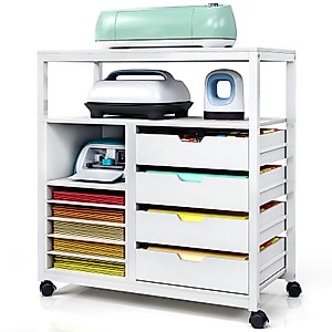 TC-HOMENY Craft Organizer Storage Cart, Rolling Cart Organizer, Vinyl Roll Holder and Cutting Machine Storage Cabinet, Craft Cart with Drawers for Craft Room Organizer 32" W x 16" D x 34" H