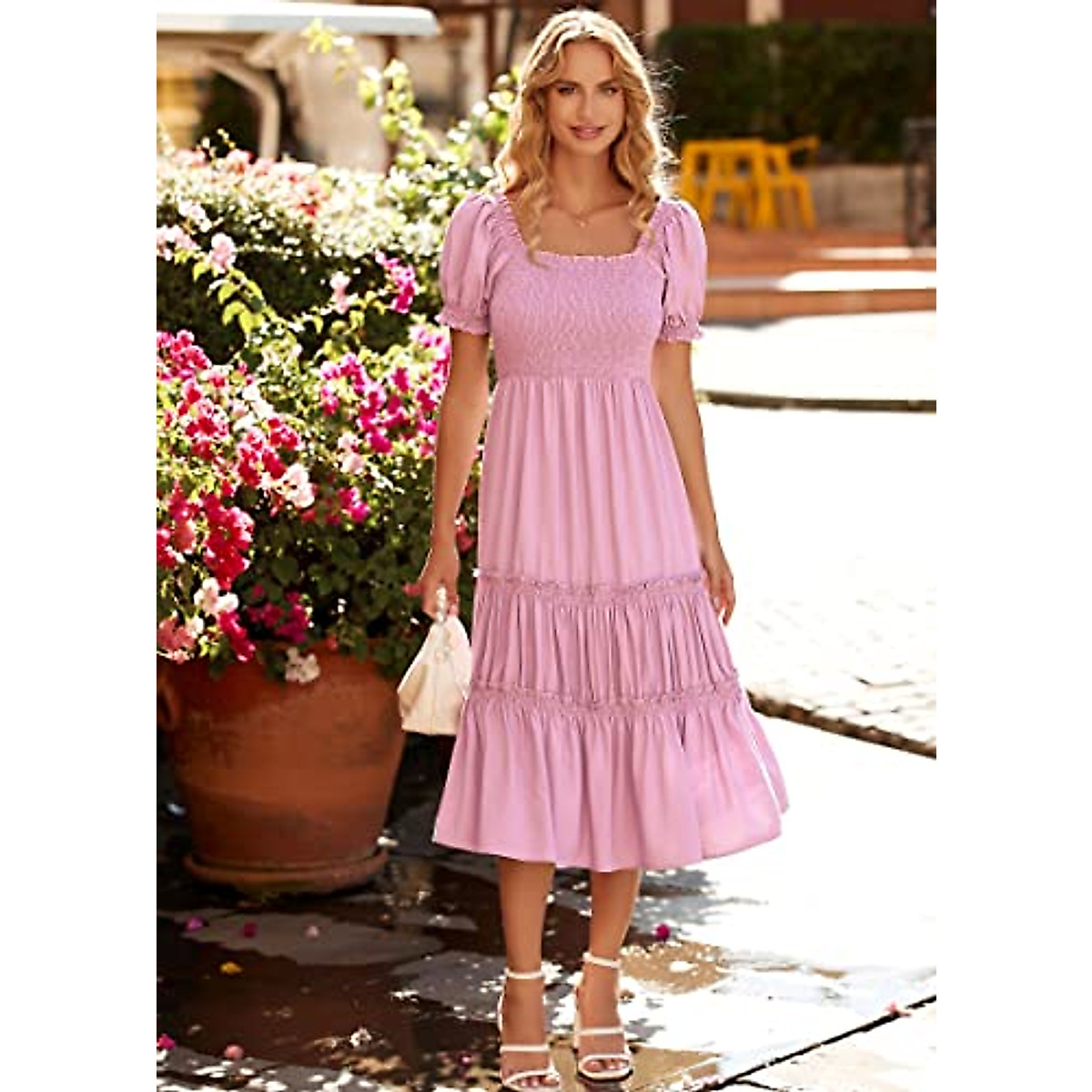 KIRUNDO 2023 Spring Summer Womens Square Neck Smocked Short Puff Sleeve Tiered Midi Dress Solid Casual A Line Flowy Dresses(Solid-Pink, X-Large)