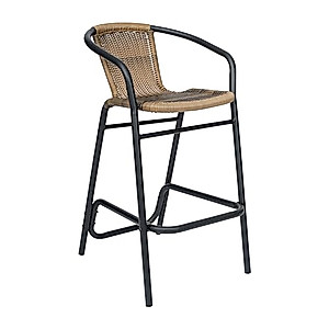 Flash Furniture Lila Commercial Grade Rattan Indoor-Outdoor Commercial Restaurant Barstool - Rattan Seat and Back - Footrest - Medium Brown