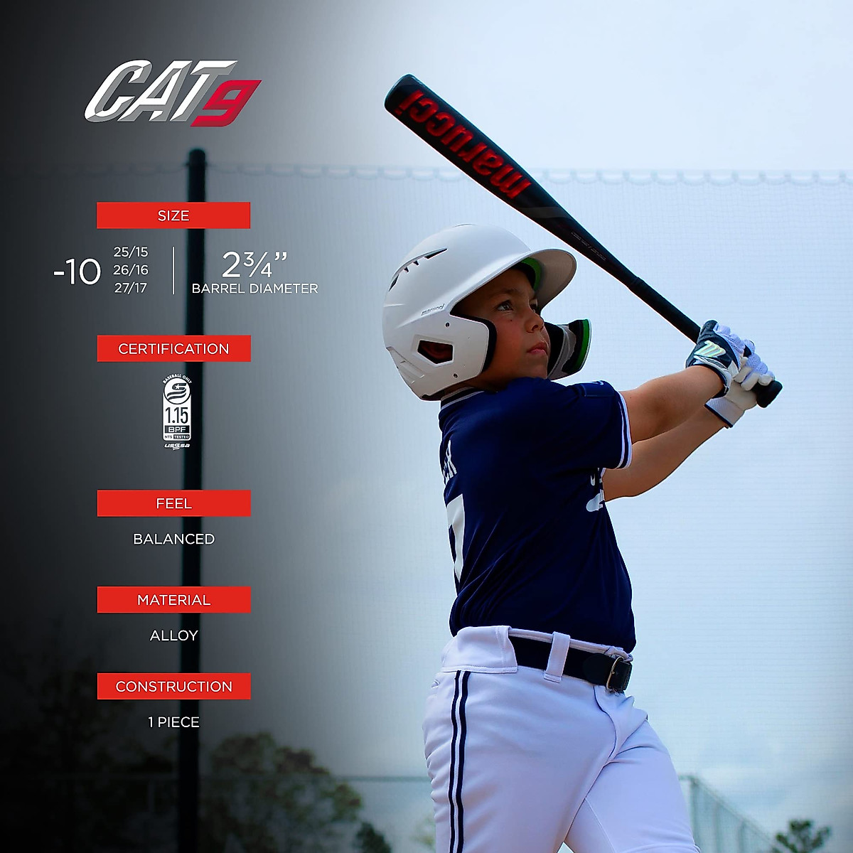 Marucci CAT9 -10 USSSA Junior Big Barrel Youth Metal Baseball Bat, 2 3/4" Barrel, 25"/ 15 oz