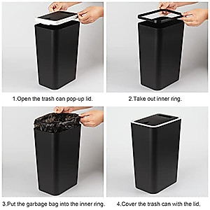 Bathroom Trash Cans with Lids - 3 Pack Kitchen Garbage Can 4 Gallons 2 PCS and 3 Gallons 1 PC with Pop Up Lid,Small Narrow Waste Basket for Bathroom Bedroom Living Room and Office(3 Pack,Black)