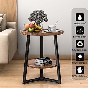 texinpress Round End Table with Storage Shelf, 2 Tier Round Side Table Nightstand for Living Room, Bedroom, Wood Tabletop and Black Metal Frame (19.7 * 19.7 * 21.7 inches)