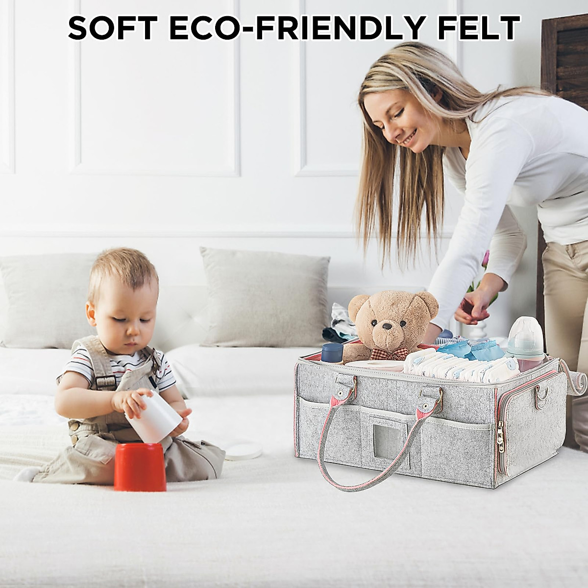 HBlife Baby Diaper Caddy Organizer, Nursery Storage Bin, 16" x 10" x 7" Large Portable Basket Shower Gift Newborn Essentials Baby Registry Must Haves Items-Pink