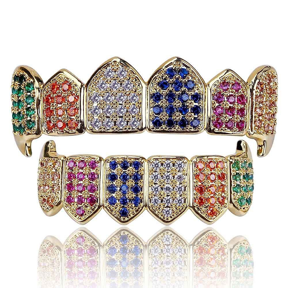 KMASAL LC8 Jewelry Hip Hop Unisex Men 18K Gold Plated Rainbow Iced Out CZ Simulated Diamond Top and Bottom Teeth Grillz Set for Women (Gold)